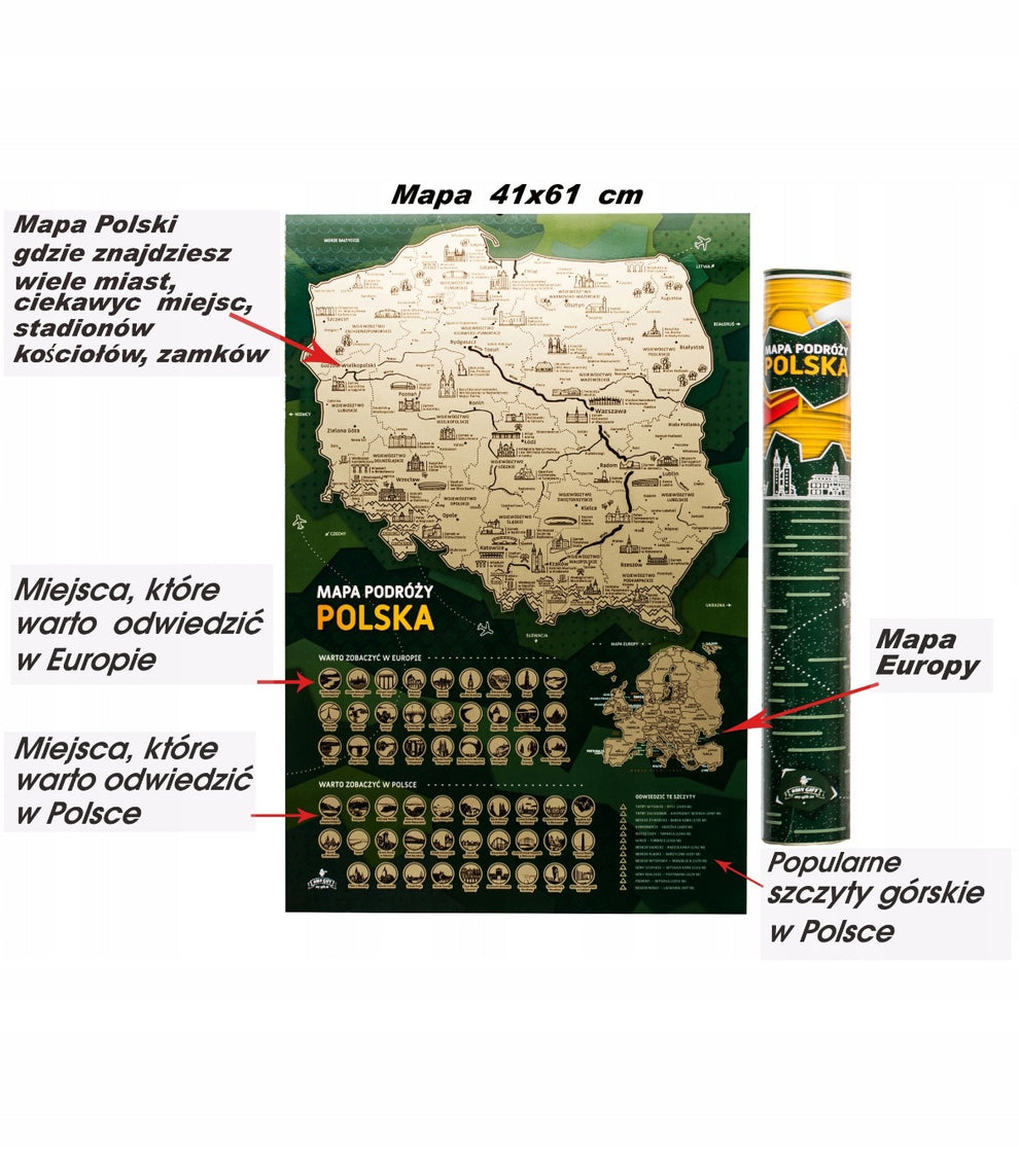 Mapa Polski POLSKA+EUROPA Mapa ZDRAPKA 60x40 Mapa podróży – AarteDesign